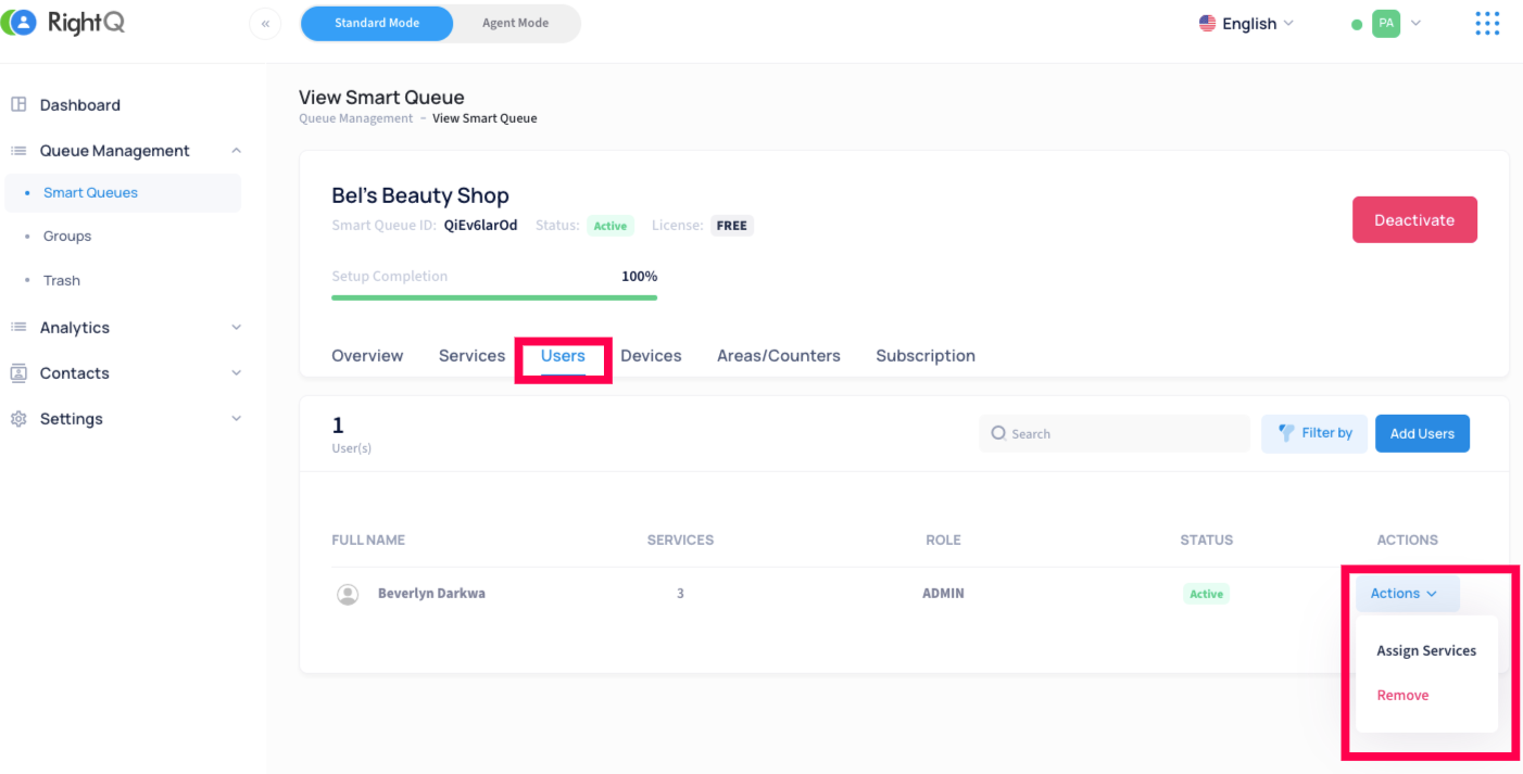 How to assign Services to Users on RightQ